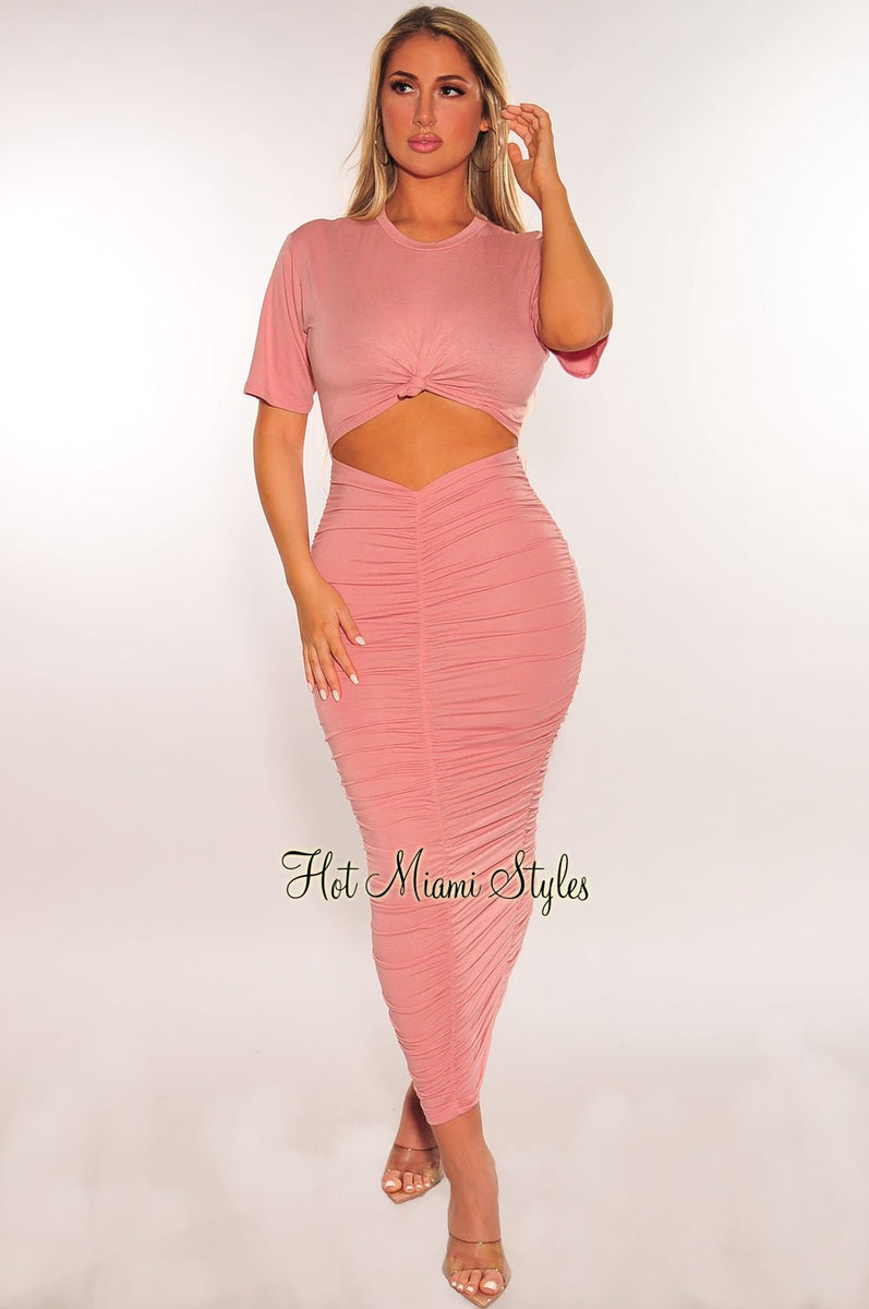 Blush Short Sleeve Cut Out Ruched Maxi Dress Hot Miami Styles
