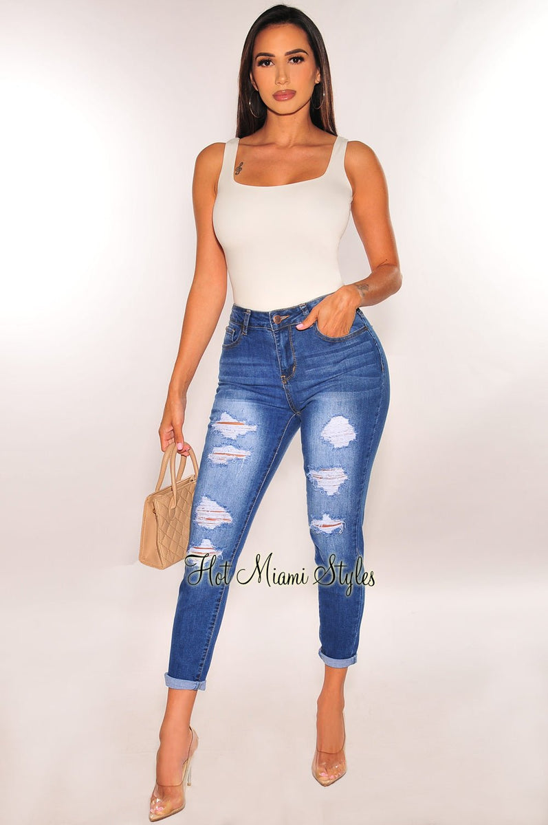 Blue Denim Wash High Waisted Ripped Skinny Jeans – Hot Miami Styles