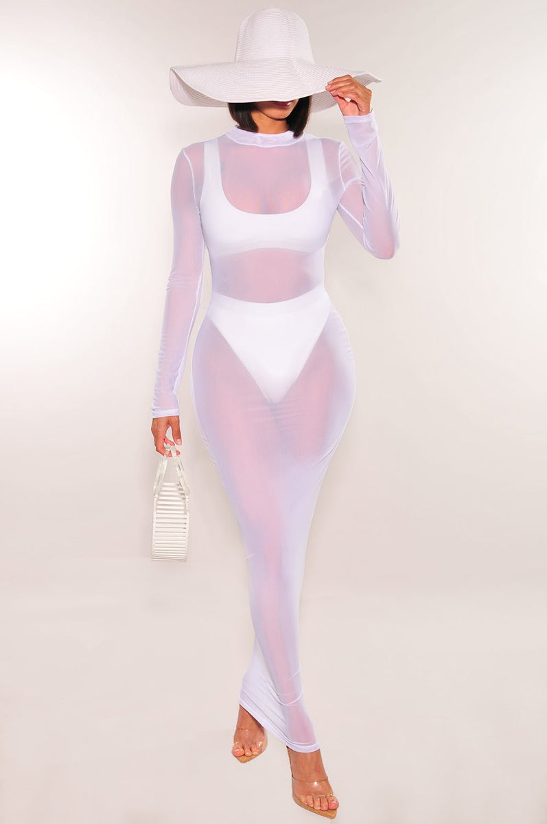White Sheer Mesh Long Sleeve Cover Up Dress – Hot Miami Styles