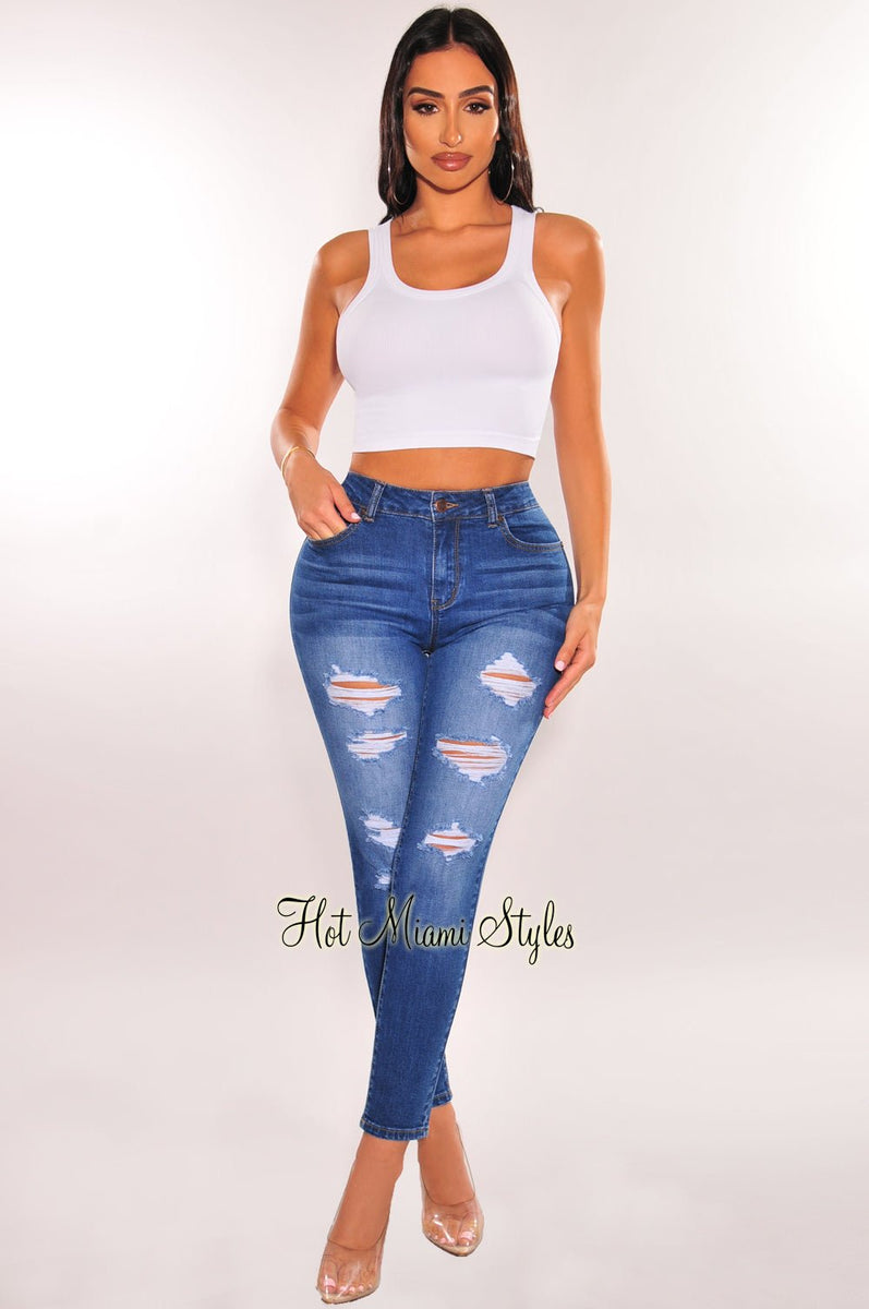 Blue Denim Wash High Waisted Ripped Skinny Jeans – Hot Miami Styles