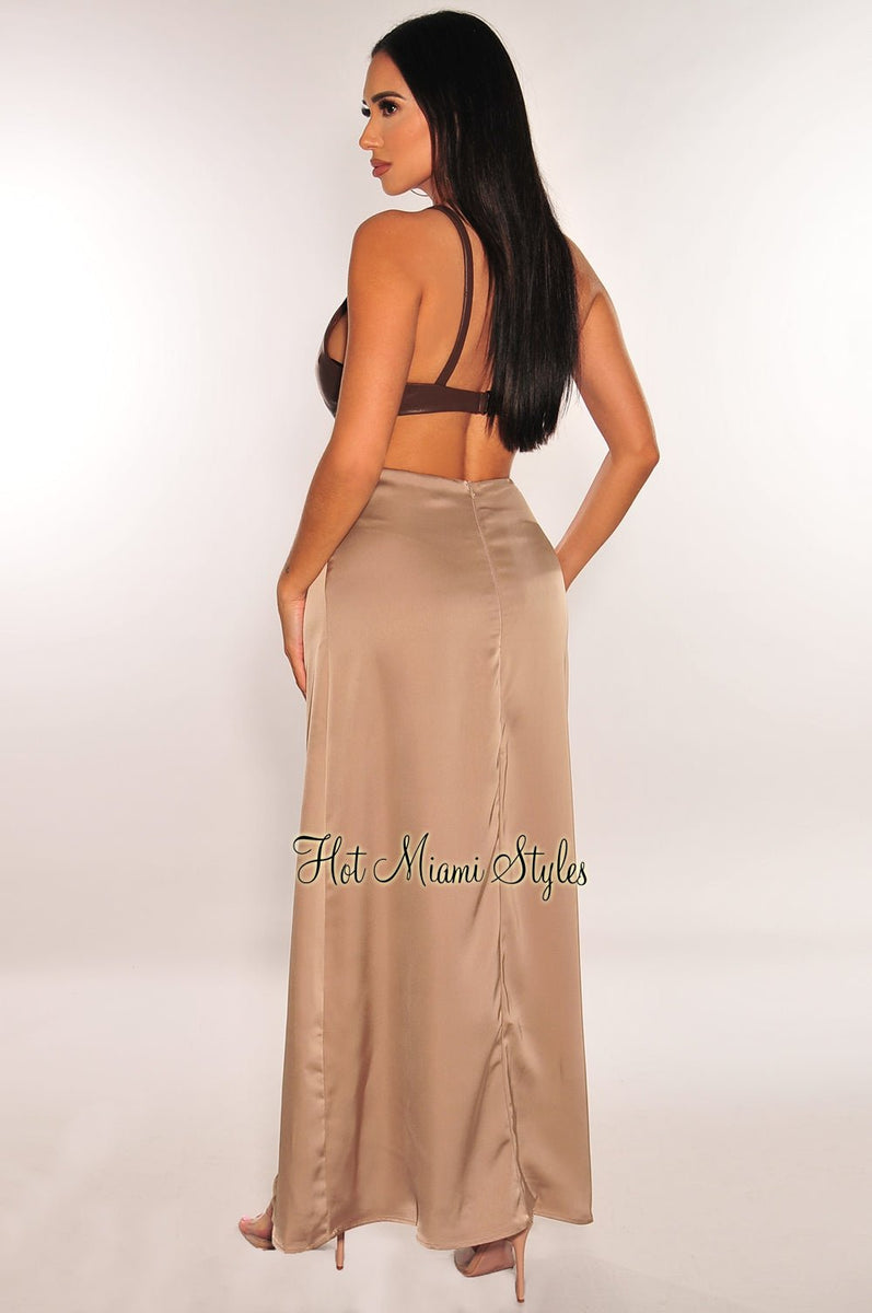 Chocolate Faux Leather Latte Silk Sleeveless O Ring Cut Out Maxi Dress