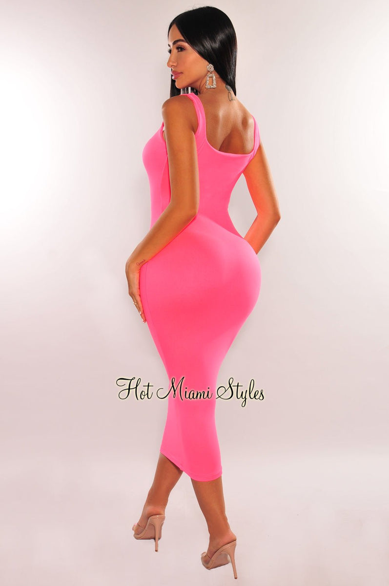 HMS Essential: Neon Pink Square Neck Sleeveless Perfect Fit Midi Dress ...