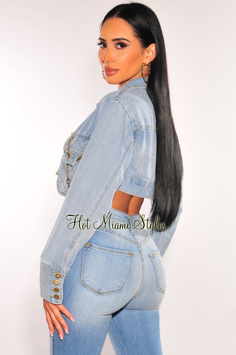 Light Denim Collared Gold Chain Pockets Button Up Crop Jacket – Hot ...