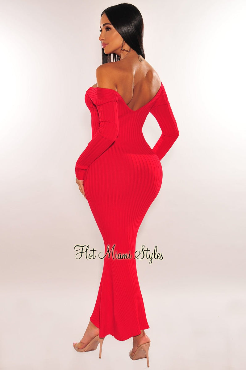 Red Ribbed Knit Long Sleeves Mermaid Dress – Hot Miami Styles