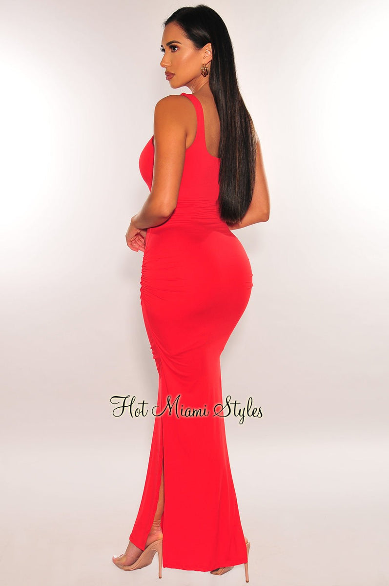 Red Ruched Sides Slit Maxi Dress – Hot Miami Styles