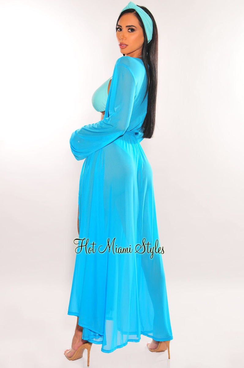 Turquoise Mesh Long Sleeves Belted Maxi Cover Up - Hot Miami Styles