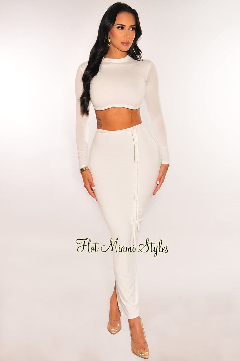 White Long Sleeve Mock Neck Braided Belt Vent Slit Skirt Two Piece Set ...